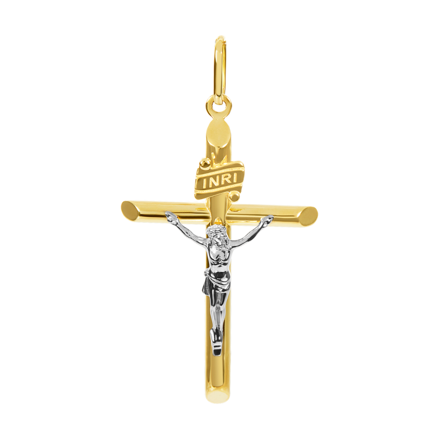 14K Two Tone Gold Tube Crucifix Pendant
