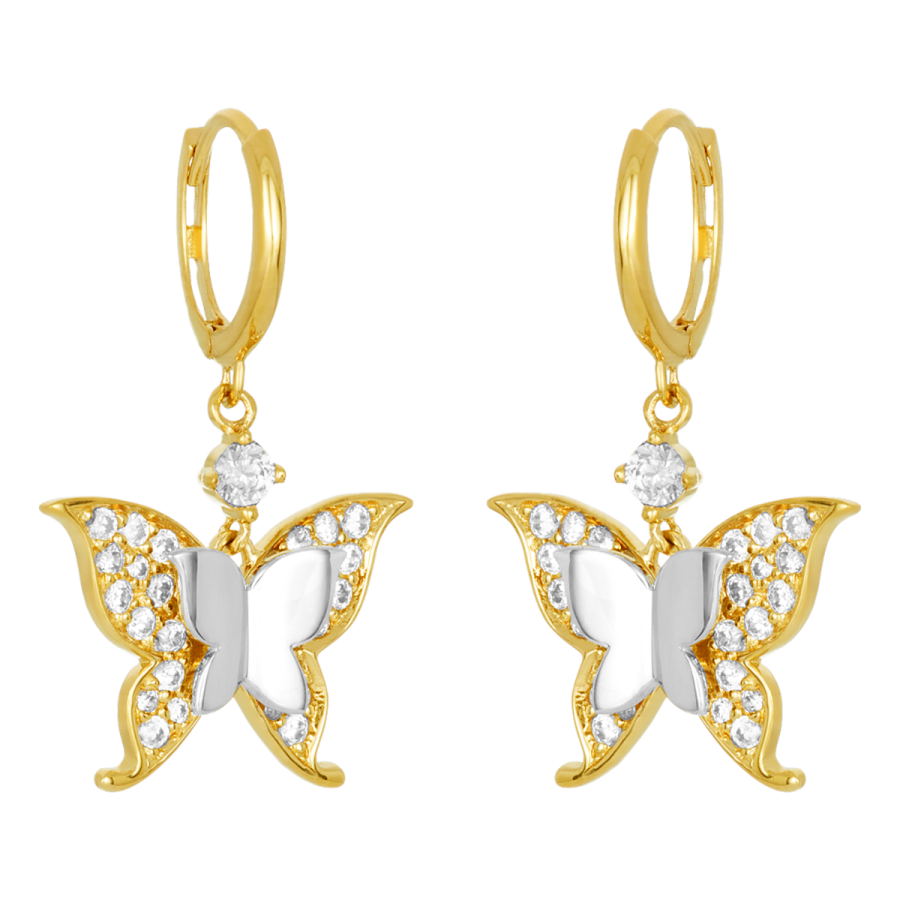 14K Two Tone Gold Butterfly Dangle Earrings